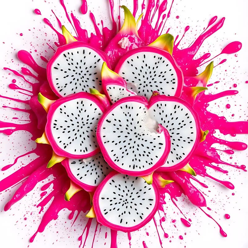 Dragon Fruit Slices in Pink Paint Splatter Stock Illustration ...