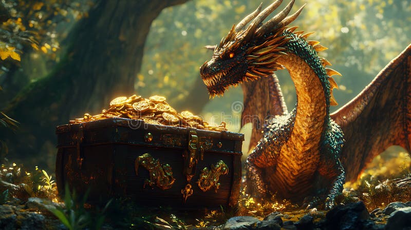 Dragon Guarding Treasure Chest in Enchanted Forest Setting Stock ...
