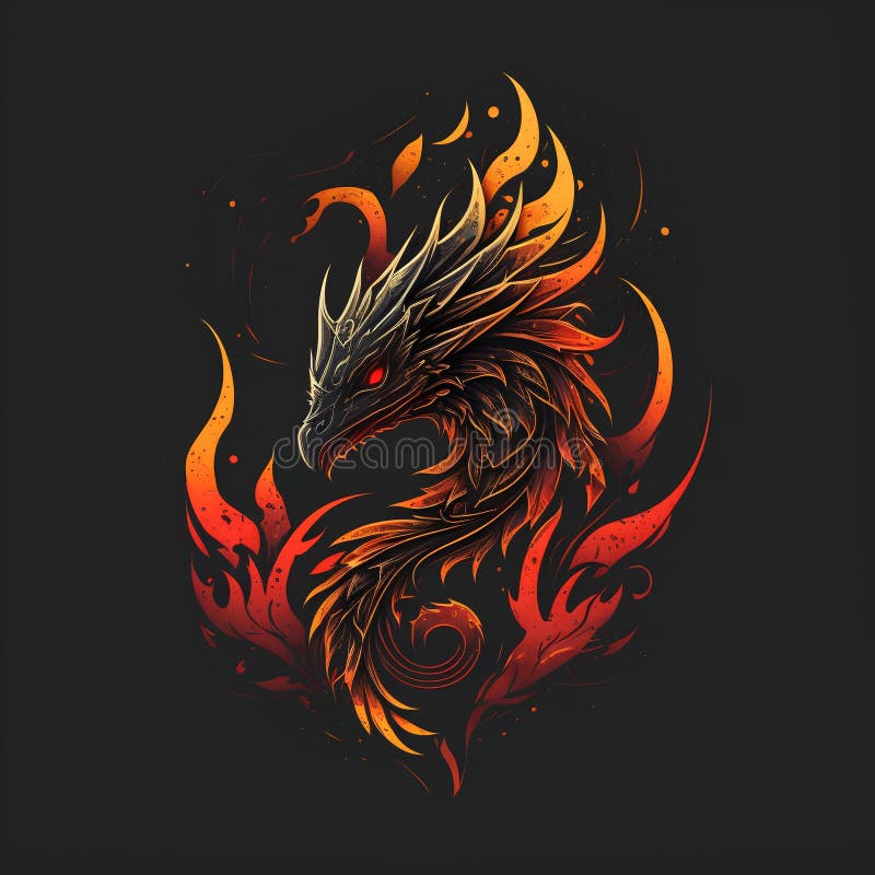 Dragon Head with Fire Flames. Illustration in Blue and Pink Colors ...