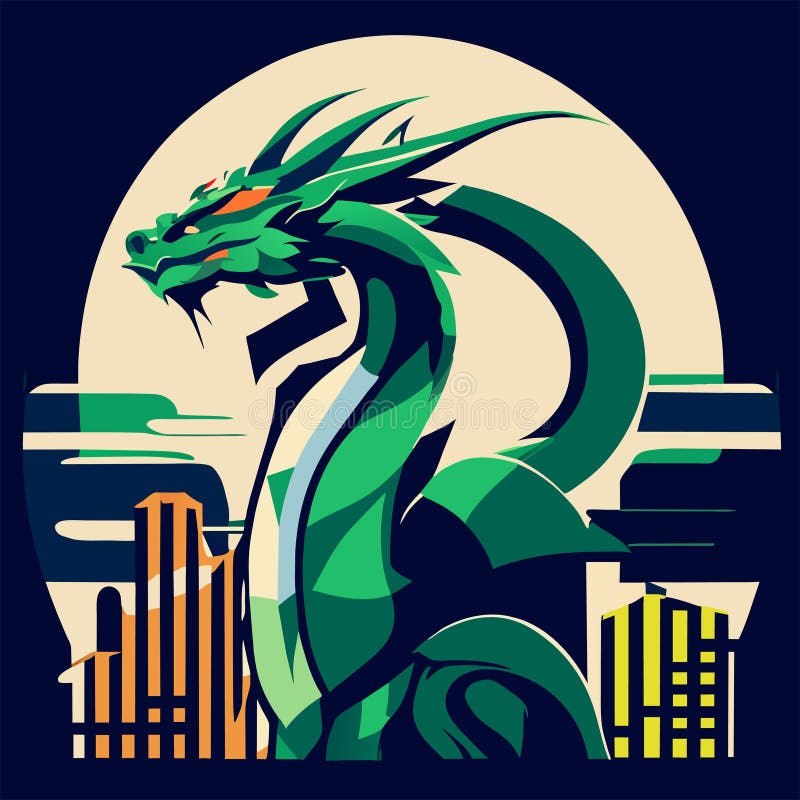 Dragon Head in Front of the City. Vector Illustration in Flat Style AI ...