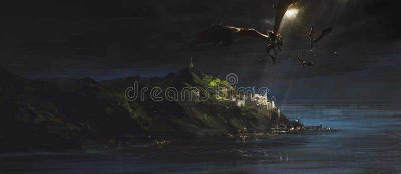 Dragon Hovering Over a Medieval Seaside City, 3D Illustration Stock ...