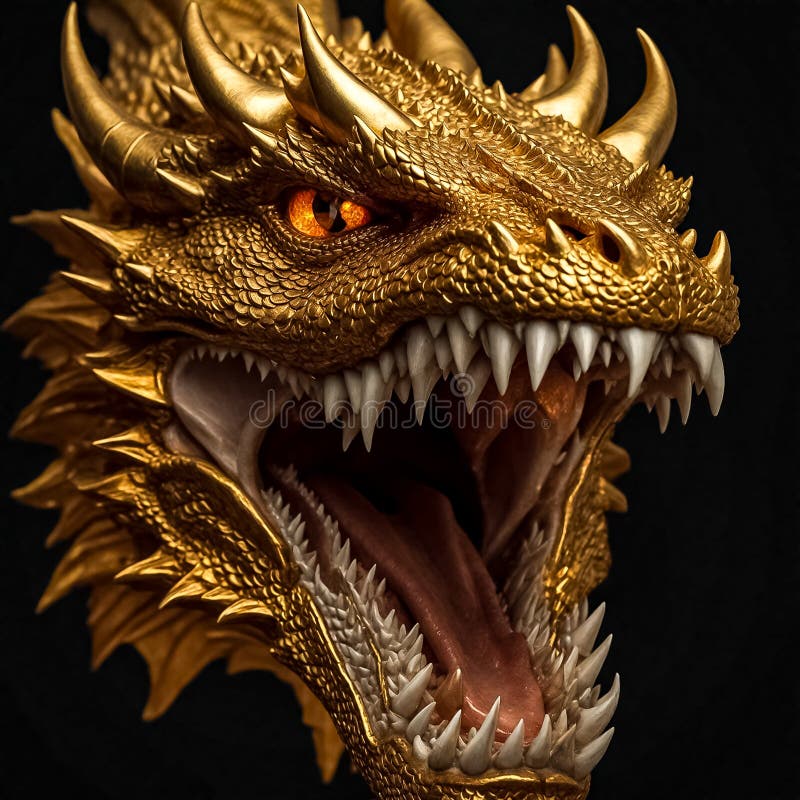 A Dragon with Huge Teeth. Golden Dragon with Teeth and Open Mouth ...