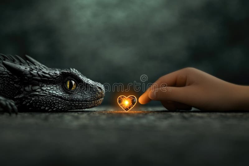 Dragon and Human Hand Reaching for Glowing Heart in Mystical Encounter ...