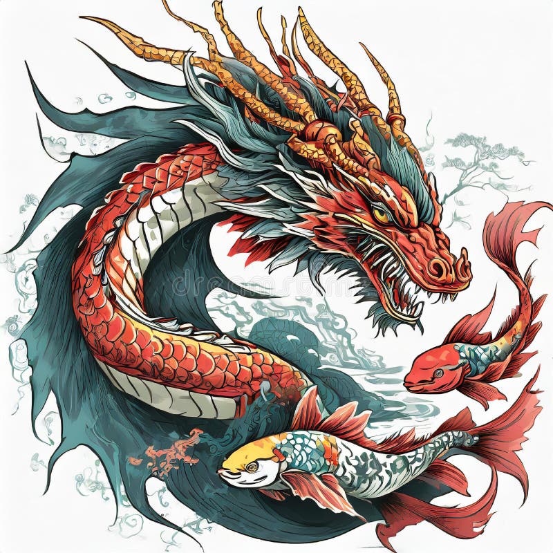 Dragon and Koi Japanese Tattoo Arts Isolated on White. Vector ...