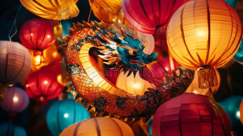 A Dragon Lantern Amongst a Cluster of Traditional Chinese Lanterns ...