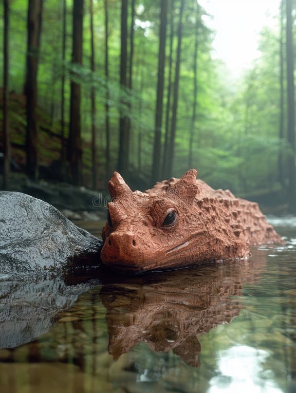 A Dragon-like Creature Rests in a Shallow Stream in a Lush Forest, Its ...