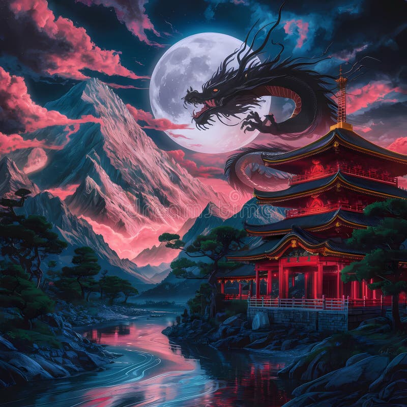 Dragon Moon Mountains stock illustration. Illustration of surrealism ...