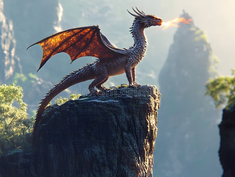 Dragon Perched on a Cliff, Breathing Fire Against a Scenic Backdrop ...