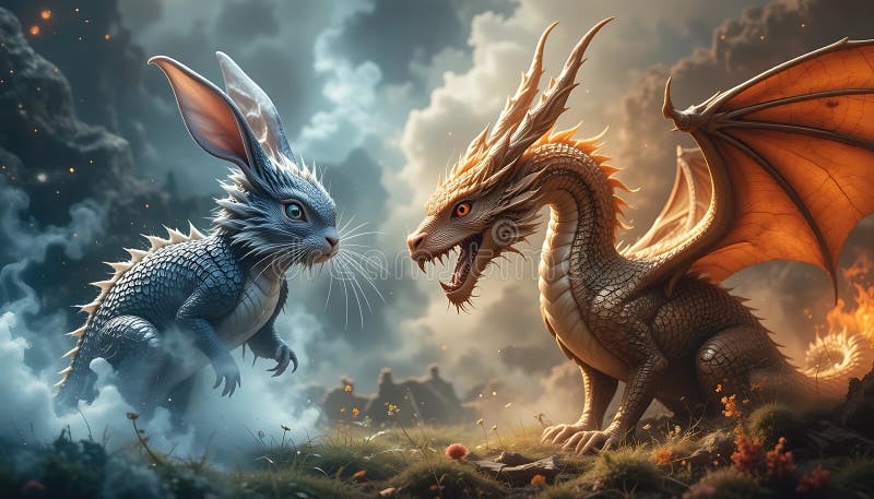 Dragon and Rabbit Creature Facing Each Other on Grassy Plain Stock ...