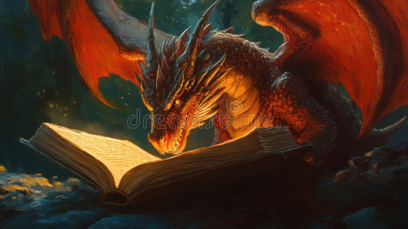 A Dragon Reading a Book in the Dark Stock Illustration - Illustration ...