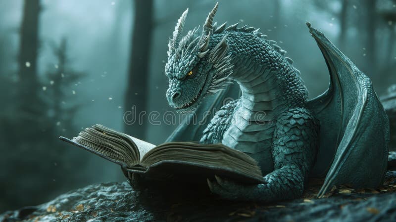 A Dragon Reading a Book in the Woods Stock Illustration - Illustration ...