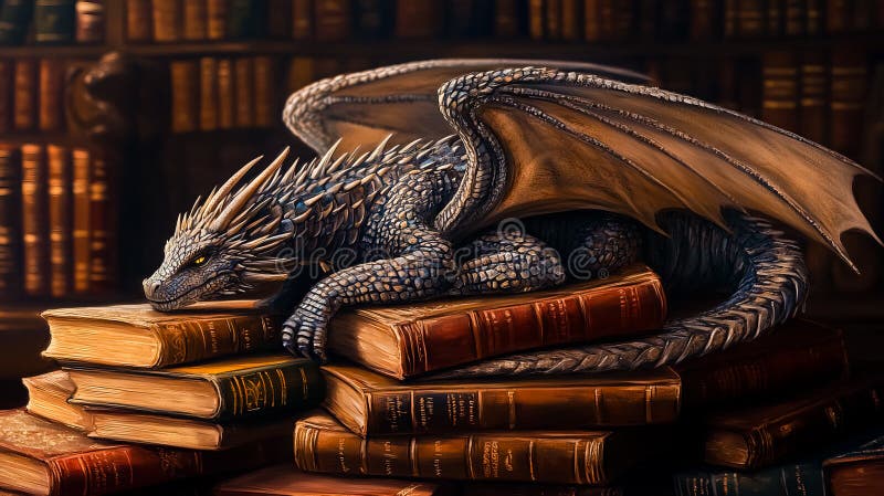 Dragon Resting on Top of a Large Pile of Books Stock Illustration ...