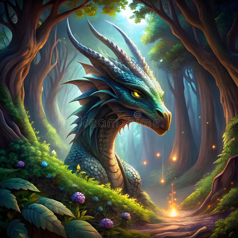 A Dragon Rests Peacefully among Ancient Trees Stock Illustration ...