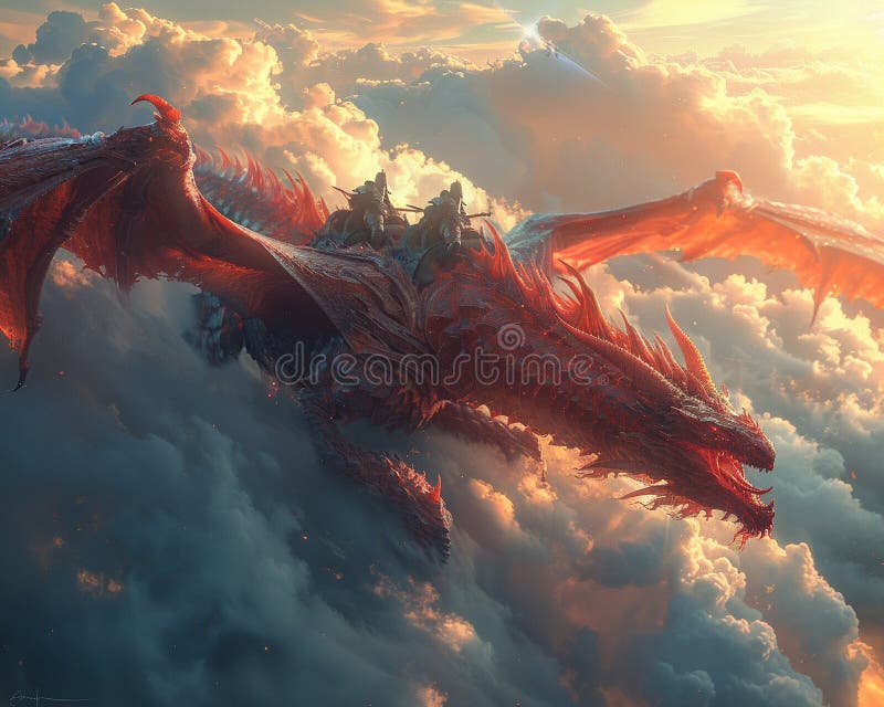 Dragon Riders Soaring Above Clouds Stock Image - Image of mystical ...