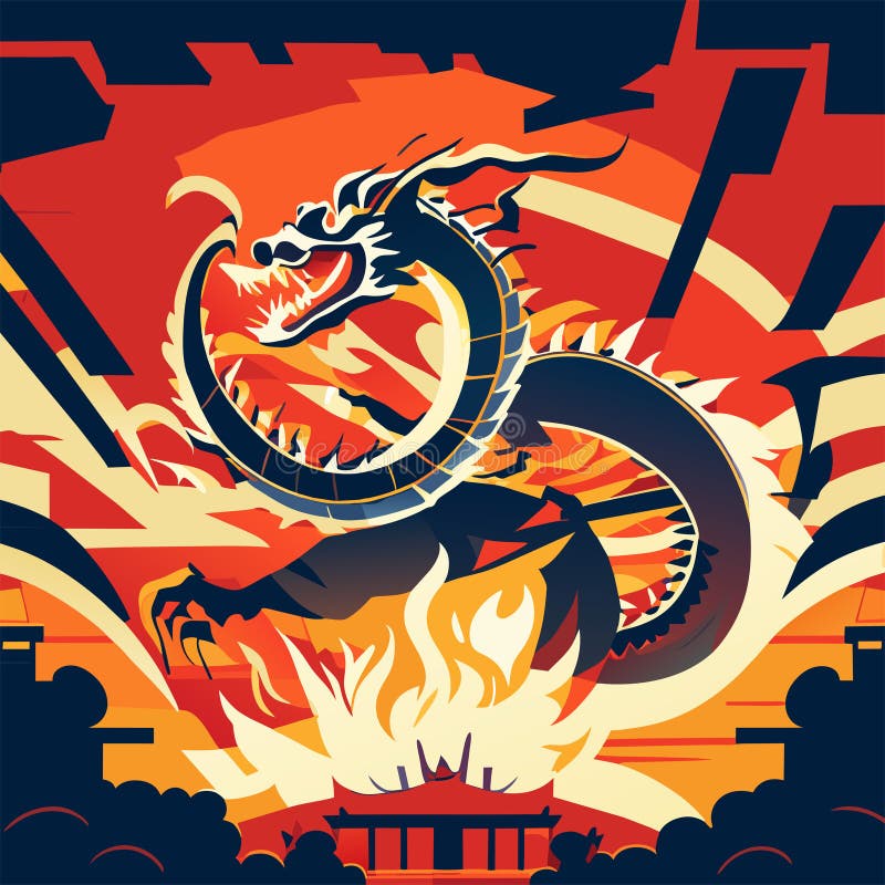 Dragon Riding a Motorcycle on Fire. Vector Illustration in Flat Style ...