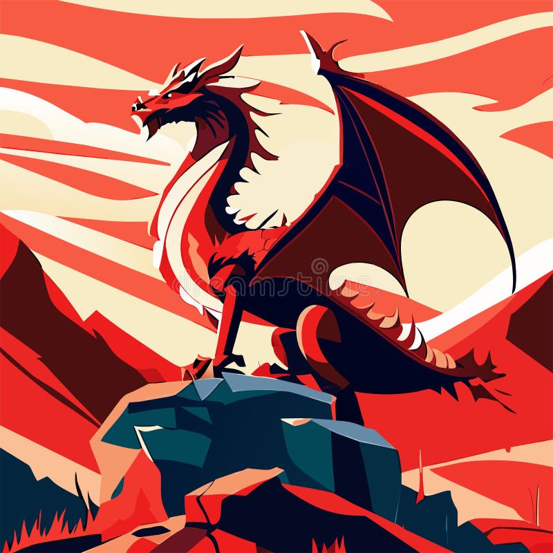 Dragon on a Rock in the Mountains. Vector Illustration in Flat Style ...