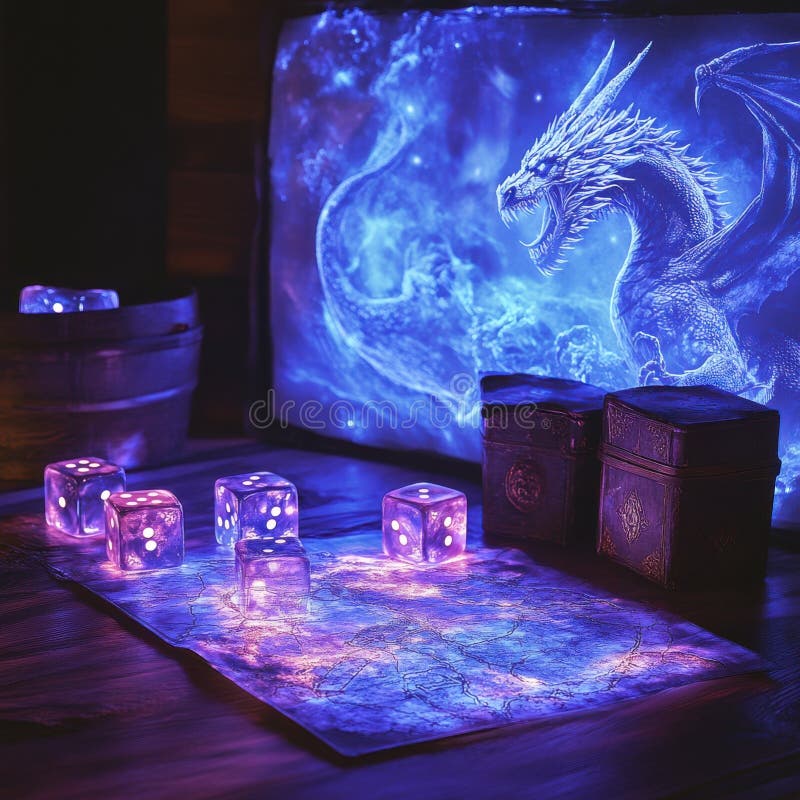 A Dragon is on a Screen and There are Four Dice on a Table Stock Image ...