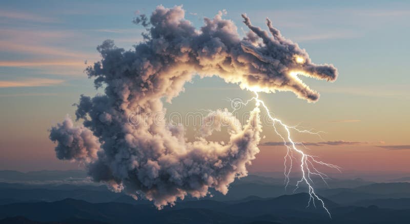 Dragon-shaped Cloud with Lightning at Sunset Over Mountain Landscape Stock Image - Image of ...