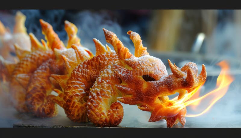 Dragon Shaped Pastries Breathe Out Cinnamon Sugar Flames,. Stock ...