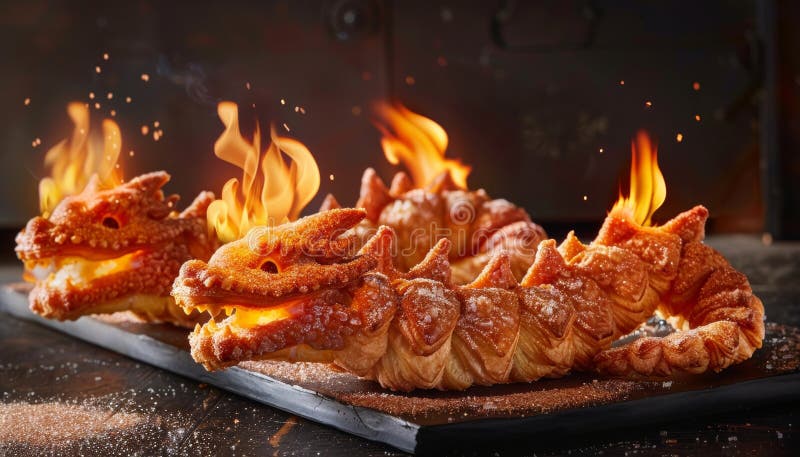 Dragon Shaped Pastries Breathe Out Cinnamon Sugar Flames,. Stock ...