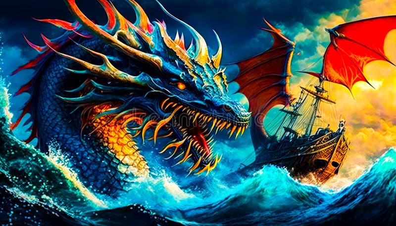 Dragon and Ship in the Ocean. Fantasy Stock Illustration - Illustration ...