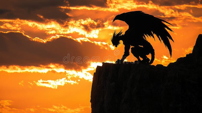 Dragon Silhouette Sunset Clifftop Fantasy Stock Image - Image of sunset ...