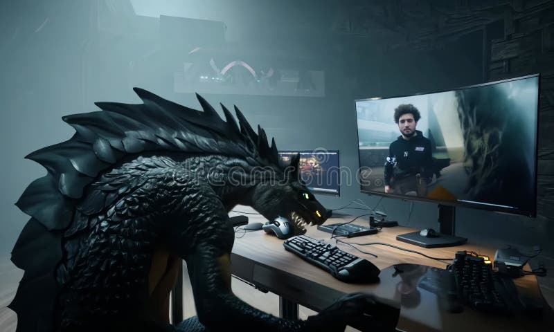 Dragon Gaming at Desk Intently Using Computer Stock Footage - Video of ...