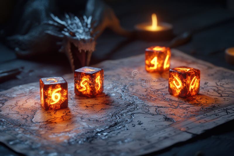 A Dragon is Sitting on a Table with Four Dice and a Map Stock Photo ...