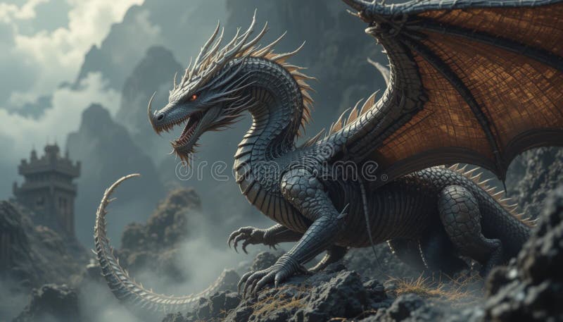 A Dragon Sitting on Top of a Mountain Generated Stock Illustration ...