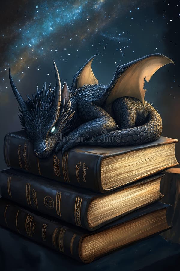 A Dragon Sleeping on Top of a Stack of Books Stock Illustration ...