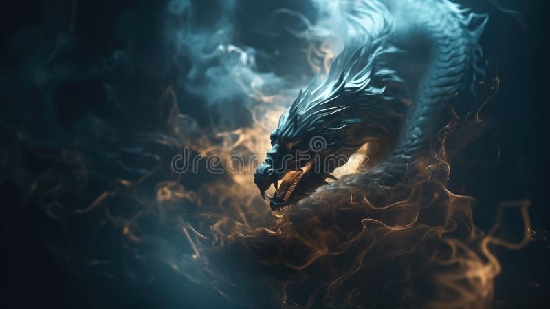 Dragons Smoke and Fire in the Darkness. Generative AI Stock ...