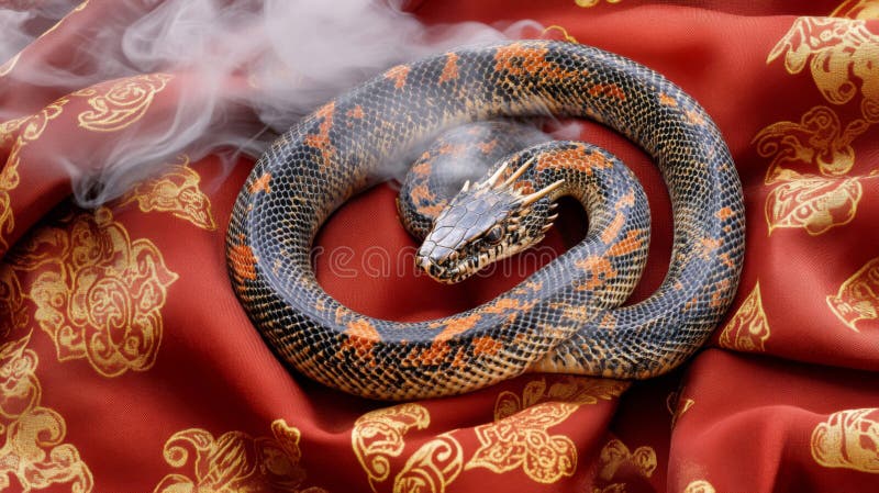 Dragon Snake Coiled on Red Embroidered Fabric Stock Illustration ...