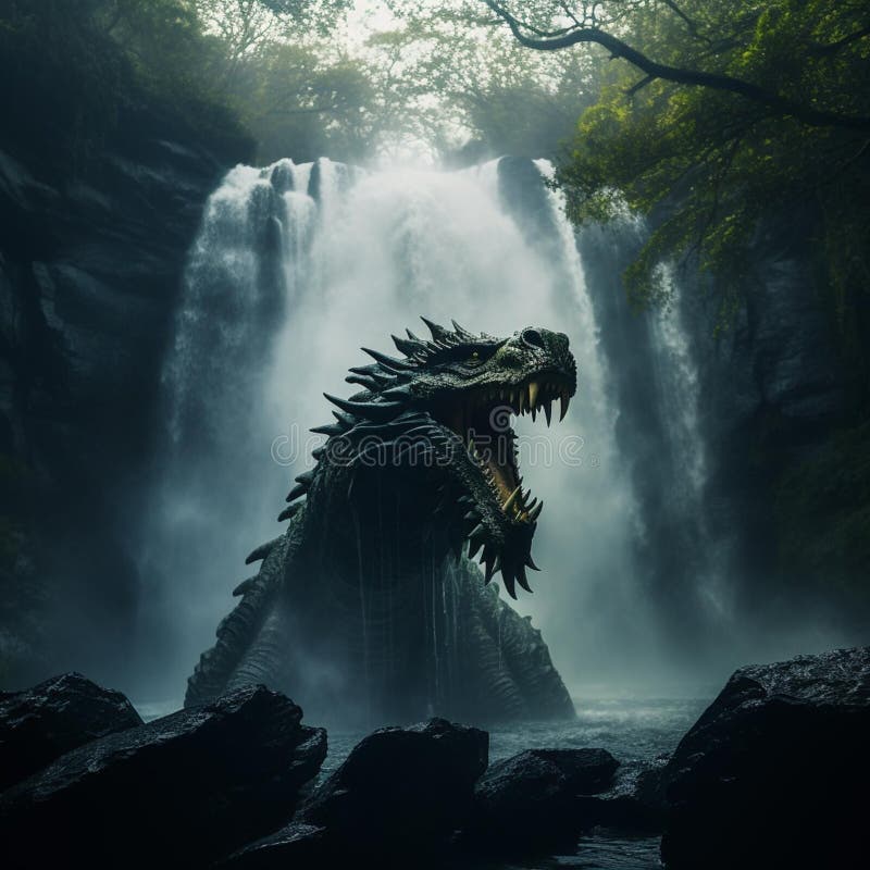 Dragon Standing in Front of a Majestic Waterfall Surrounded by Rocky ...