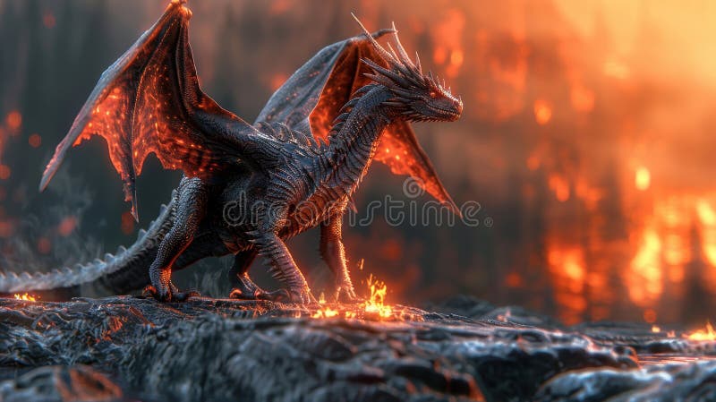Giant Fire Breathing Dragon Standing on a Mountain of Lava Stock ...