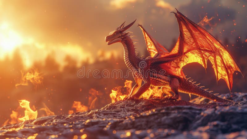 Giant Fire Breathing Dragon Standing on a Mountain of Lava Stock ...