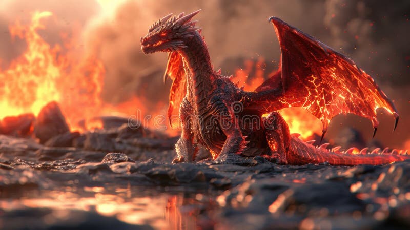 Giant Fire Breathing Dragon Standing on a Mountain of Lava Stock ...