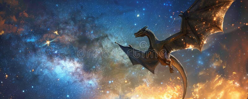 Dragon and Starry Night: a Dragon Flying through a Clear, Starry Night ...