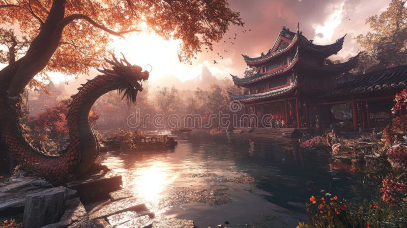 Dragon Statue Guards Autumnal Temple by Still Water Stock Illustration ...