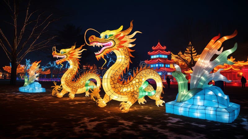Dragon Statues Illuminated at Night Stock Image - Image of illuminated ...