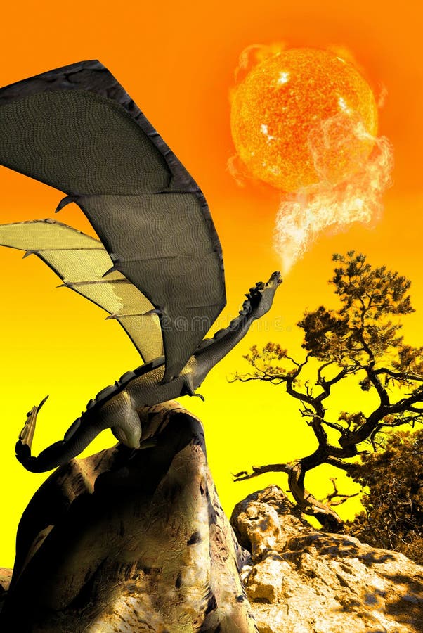The dragon and the sun stock illustration. Illustration of flames ...