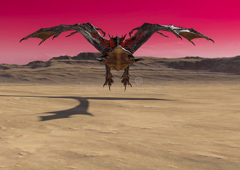 Dragon is Taking Off on Desert Rear View Stock Illustration ...