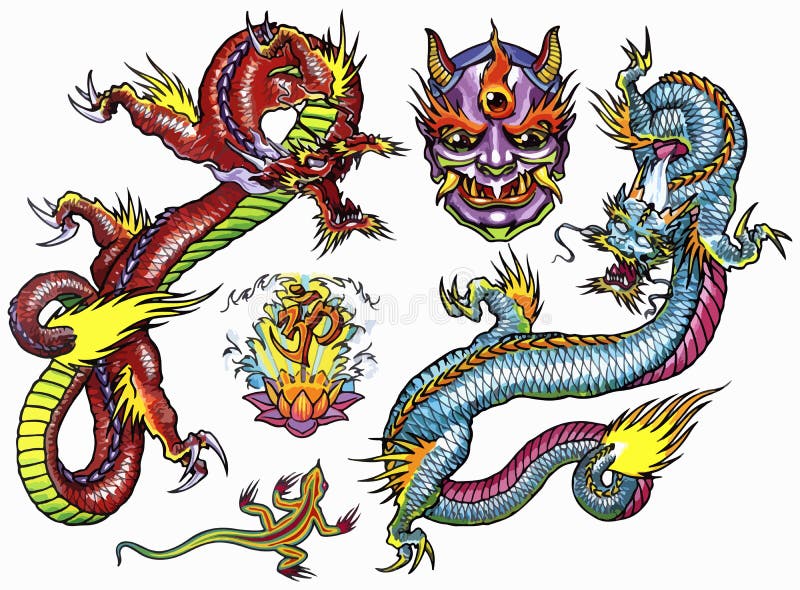 Dragon Tattoo Set. Set of Labels and Elements. Vector Set Illustration ...