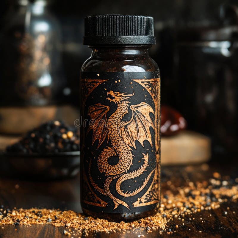 Dragon-themed Spice Bottle with Intricate Design in Rustic Setting ...