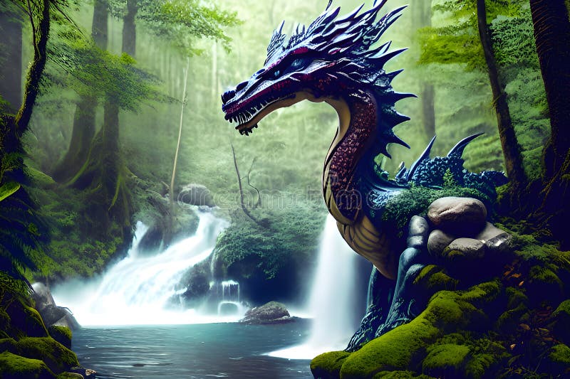 The Dragon at Waterfall in Forest and AI Generated Stock Illustration ...