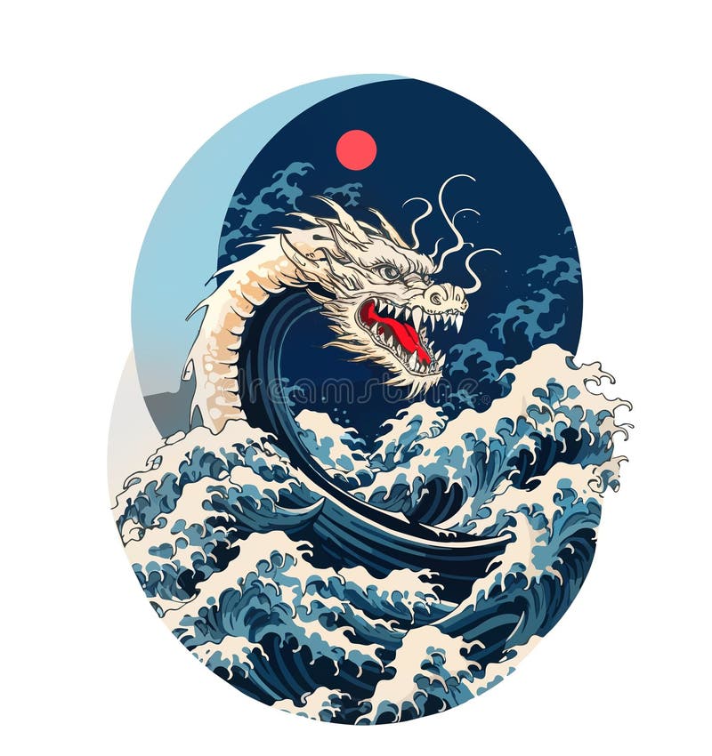Dragon in Wave, Japanese Style Stock Illustration - Illustration of ...