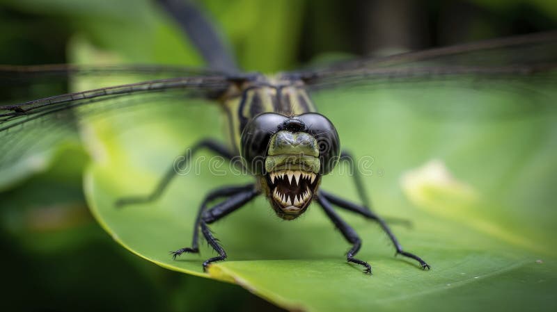 Dragonfly with Aggressive Teeth on Green Backdrop Stock Illustration ...