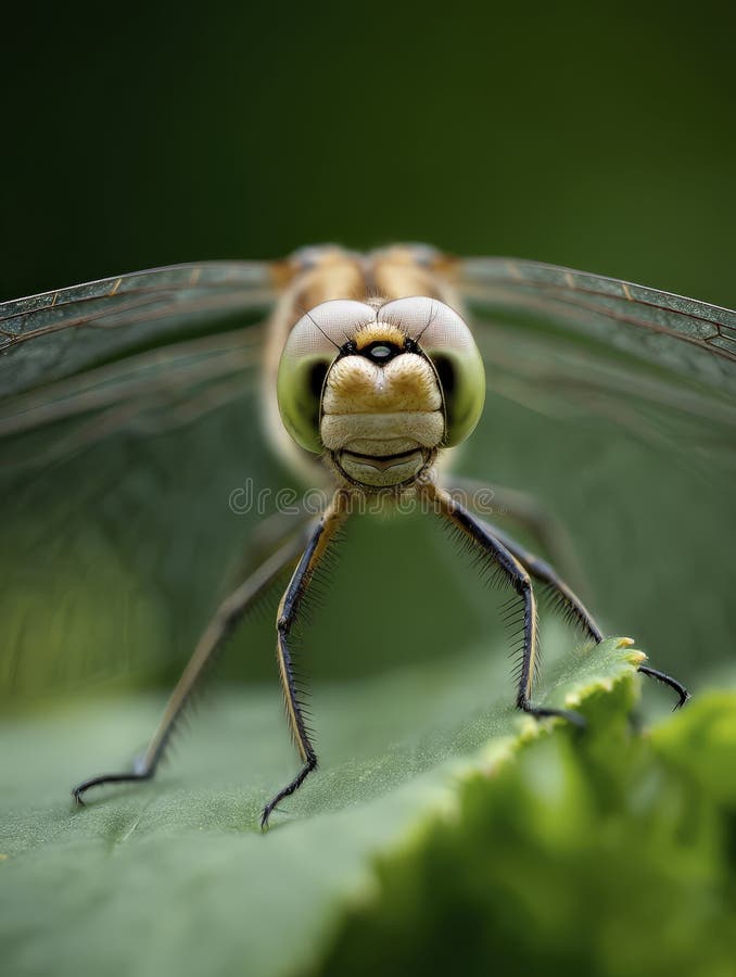 Dragonfly Facing the Camera Directly on Green Leaf Stock Illustration ...