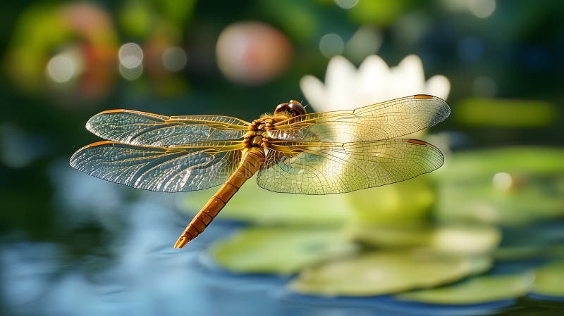 A Dragonfly Fluttering Over a Quiet Pond Stock Illustration ...