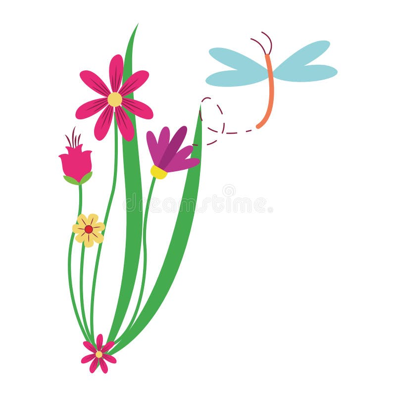 Dragonfly Flying Around Flowers Stock Vector - Illustration of ...