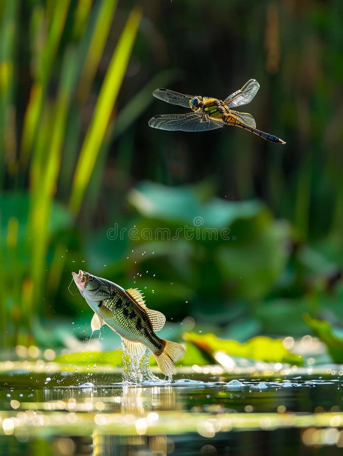 A Dragonfly is Flying Over a Pond with Fish Stock Image - Image of ...